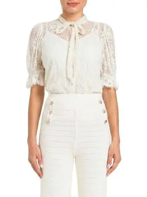 TWINSET Lace Pussybow Shirt With Puff Sleeves - Pearl