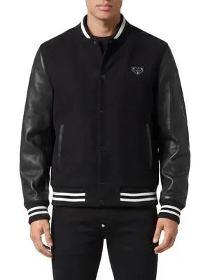 Philipp Plein Wool And Leather Varsity Bomber Jacket With Skull Embroidery And Rhinestones - Black