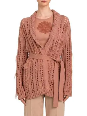 TWINSET Perforated Cotton Blend Cardigan With Shawl Collar - Coffee