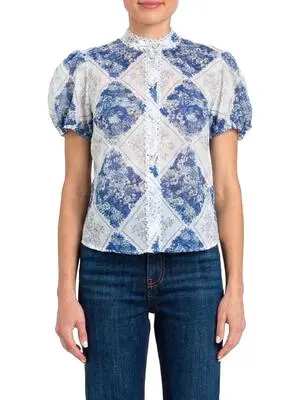 TWINSET Ramie Floral Print Puff Sleeve Shirt - Blue