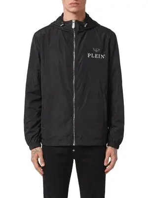 Philipp Plein Hooded Windbreaker Jacket With Logo Print - Black