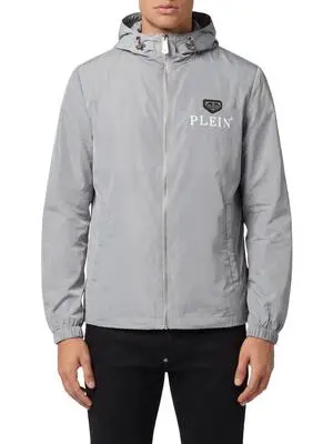 Philipp Plein Philipp Plein Hooded Windbreaker Jacket With Logo Print Grey