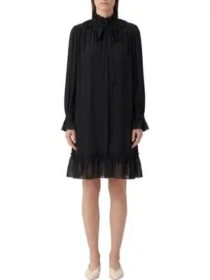 Chloé Long Sleeve Silk Dress With Ruffled Collar And Hem - Black