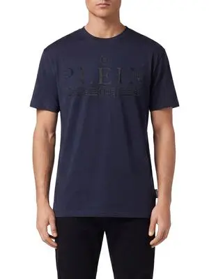 Philipp Plein Cotton Crew Neck T-shirt With Rhinestone Logo Lettering - Blue