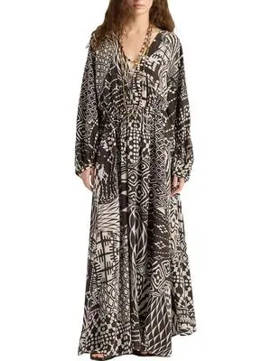 Momoni Printed Silk Kaftan Dress - Cream