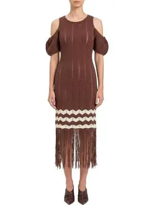 TWINSET Cotton Knit Dress With Fringes - Brown