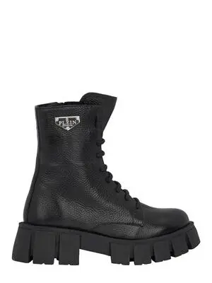 Philipp Plein Grained Leather Lace-up Combat Boots With Lug Sole - Black