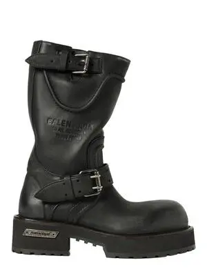 Balenciaga Calfskin Leather Buckled Mid-calf Boots - Black