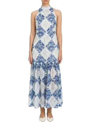 TWINSET Floral Diamond Raffia Midi Dress - Blue