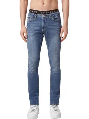 Philipp Plein Slim Fit Skinny Jeans In Cotton With Metal Logo Plaque - Denim