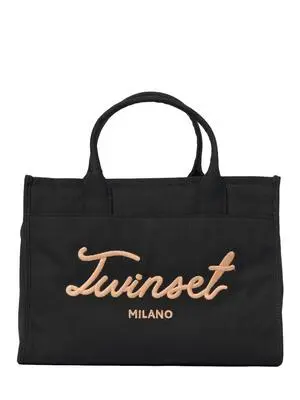 TWINSET Signature Canvas Tote Bag With Embroidered Logo - Black