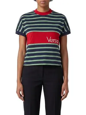 Versace Slim Fit Striped Cotton T-shirt With A Crew Neckline - Green