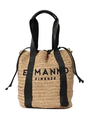 ERMANNO FIRENZE Ashley Raffia Bucket Bag With Embroidered Logo - Black