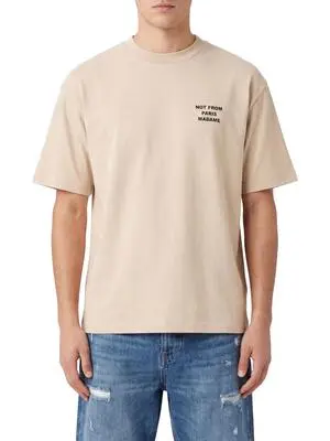 Drole De Monsieur Crewneck Cotton T-shirt With Logo And Slogan Print - Mastic