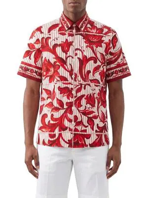 Dolce & Gabbana Bowling Shirt In Cotton With Striped Majolica Print Red