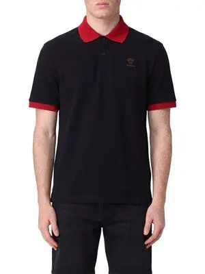 Versace Embroidered Medusa Logo Cotton Polo Shirt With Contrast Trims - Black