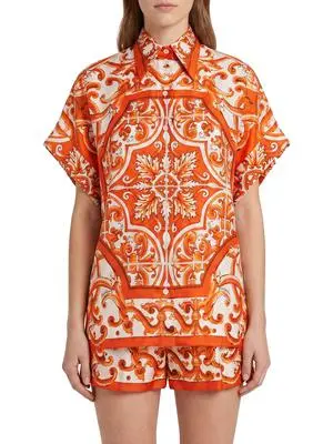 Dolce & Gabbana Majolica Print Silk Bowling Shirt - Orange