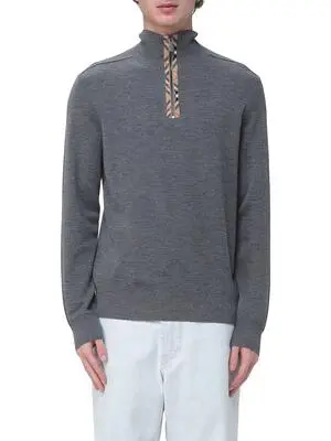 Burberry Wool Knit Sweater With Check Details And Quarter Zip - Grey