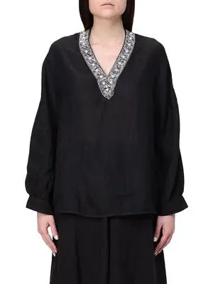 120% Lino Linen Blouse With Embellished V-neckline - Black