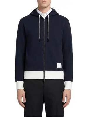 Thom Browne Zip-up Hooded Sweatshirt With Contrast Hem - Blue