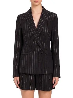 TWINSET Pinstriped Cotton Blend Double Breasted Blazer - Black
