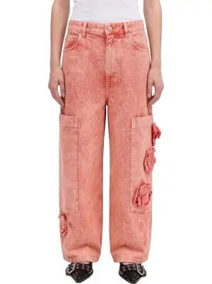 GANNI Wide-leg Cargo Jeans With Floral Embellishment - Pink