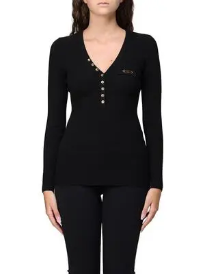 Elisabetta Franchi Ribbed V-neck Long Sleeve Jumper With Gold-tone Buttons - Black