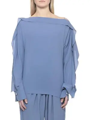 LANVIN Silk Blend Blouse With Ruffles - Blue