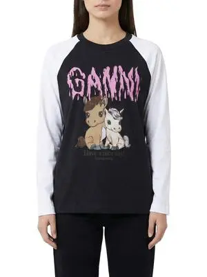 GANNI Long Sleeve Graphic Print Cotton T-shirt - Grey