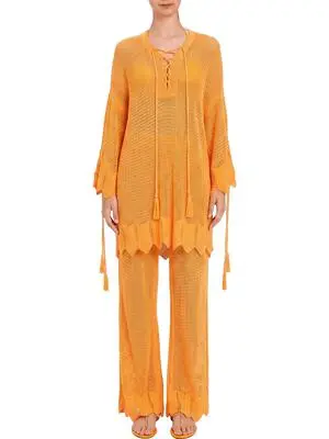 TWINSET Cotton Blend Kaftan Top With V-neck And Tassel Details - Orange
