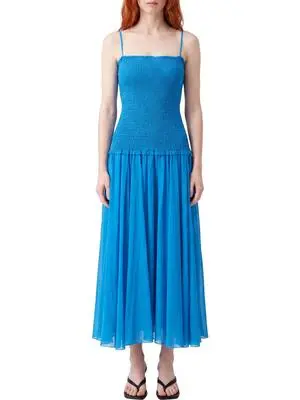 Tory Burch A-line Off-the-shoulder Silk And Cotton Blend Midi Dress - Blue