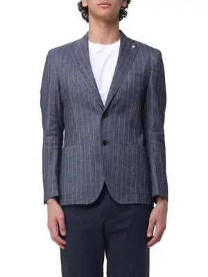 MANUEL RITZ Single-breasted Pinstriped Linen Blend Blazer - Blue