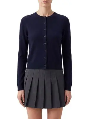 LISA YANG Pure Cashmere Slim Fit Crewneck Cardigan - Navy