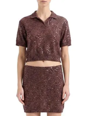 Brunello Cucinelli Sequined Linen, Cashmere & Silk Cropped Polo Shirt - Brown