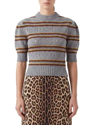 Marni Pure Cashmere Striped Puff Sleeve Sweater - Grey