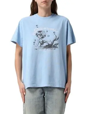 GANNI Ganni Short Sleeve Cotton T-Shirt With Contrasting Logo Print Gnawed Blue