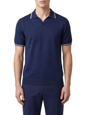 Fedeli Short-sleeved Knit Polo In Cashmere And Silk With Contrast Trims - Navy