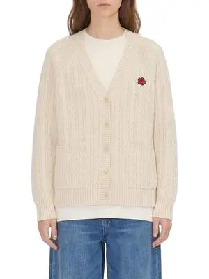 Kenzo Flower Cotton And Wool Cardigan - Ecru