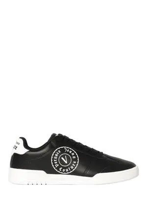 Versace Leather Low Top Sneakers With Printed Logo - Black
