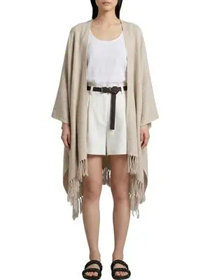 Brunello Cucinelli Linen And Viscose Blend Cape With Fringe Detail - Beige