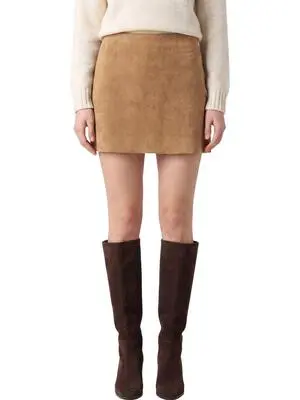 Khaite Khaite Mid-Rise Suede Leather Pencil Mini Skirt Beige