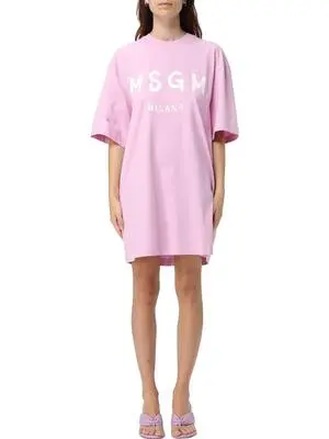 MSGM Cotton Mini T-shirt Dress With Contrast Logo And Dropped Shoulders - Pink