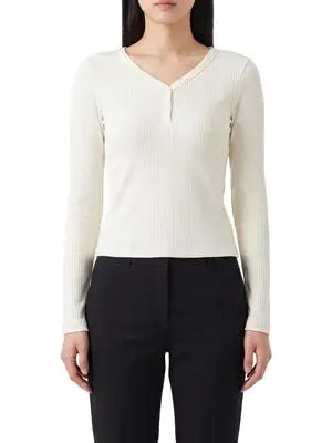 Calvin Klein V-neck Long-sleeved Stretch Cotton Top - Coffee