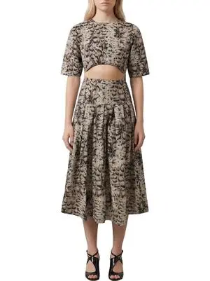 Pinko Animal Print Cotton Cut-out Midi Dress - Beige