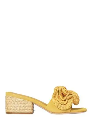 PALOMA BARCELO Suede And Raffia Slip-on Mules With Floral Appliqu - Ocher