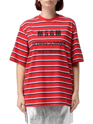 MSGM Oversized Striped Cotton T-shirt With Logo Print - Red