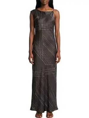 ALYSI Long Silk Slip Dress With Abstract Print - Brown