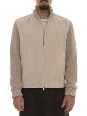BOSS Suede And Knit High Neck Zip Jacket - White