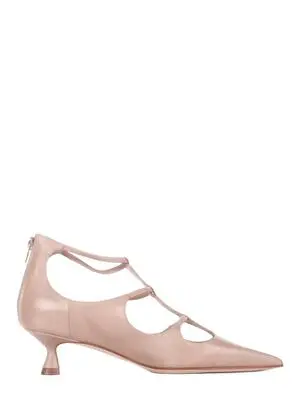 ANNA F. Smooth Leather T-strap Pumps With Low Stiletto Heel - Beige