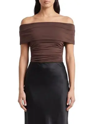DES_PHEMMES Draped Off-the-shoulder Evening Top - Brown